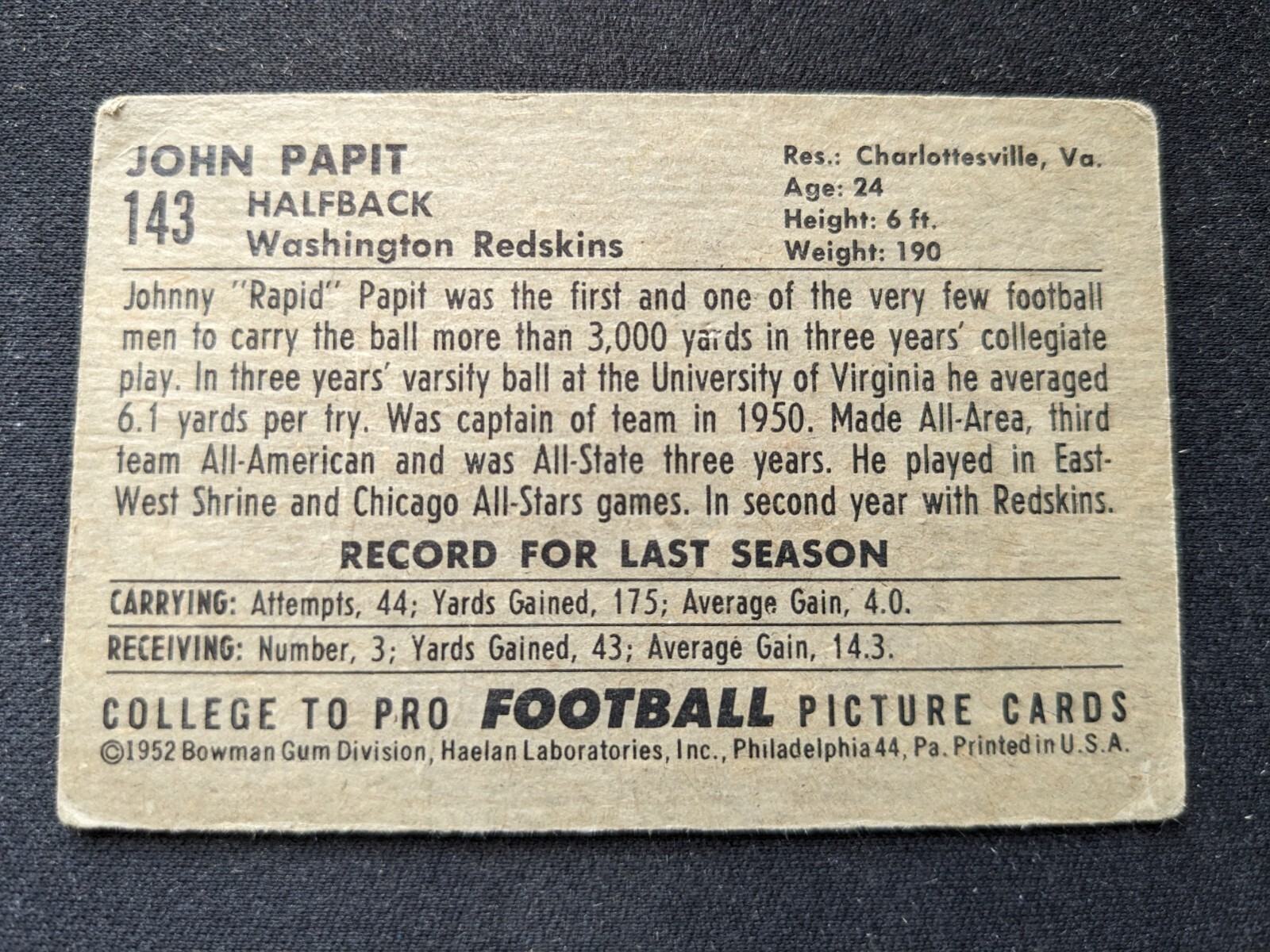 1952 Bowman "Small" Football Card # 143 John Papit - Washington ...