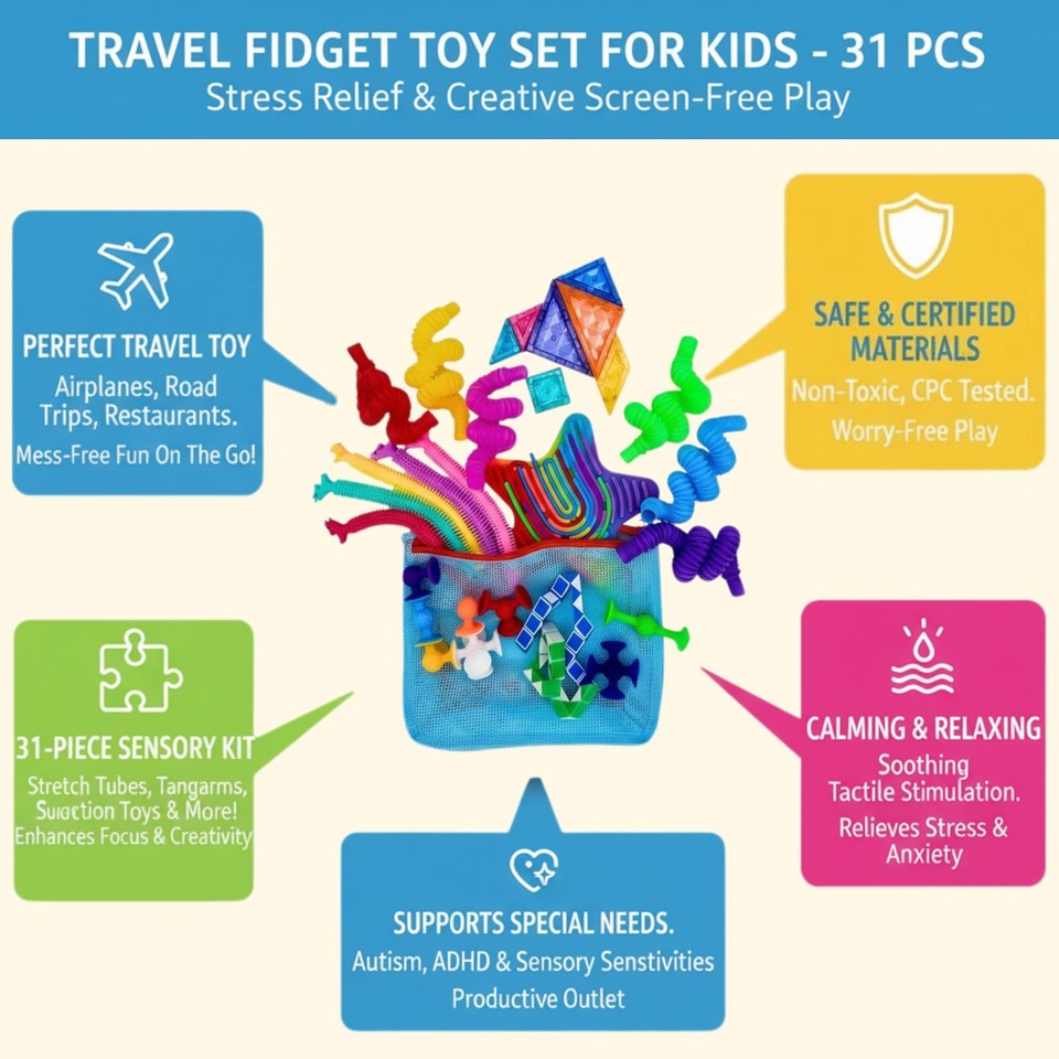 Travel Fidget Toy Set for Kids 31Pcs Sensory Kit for Stress Relief ...