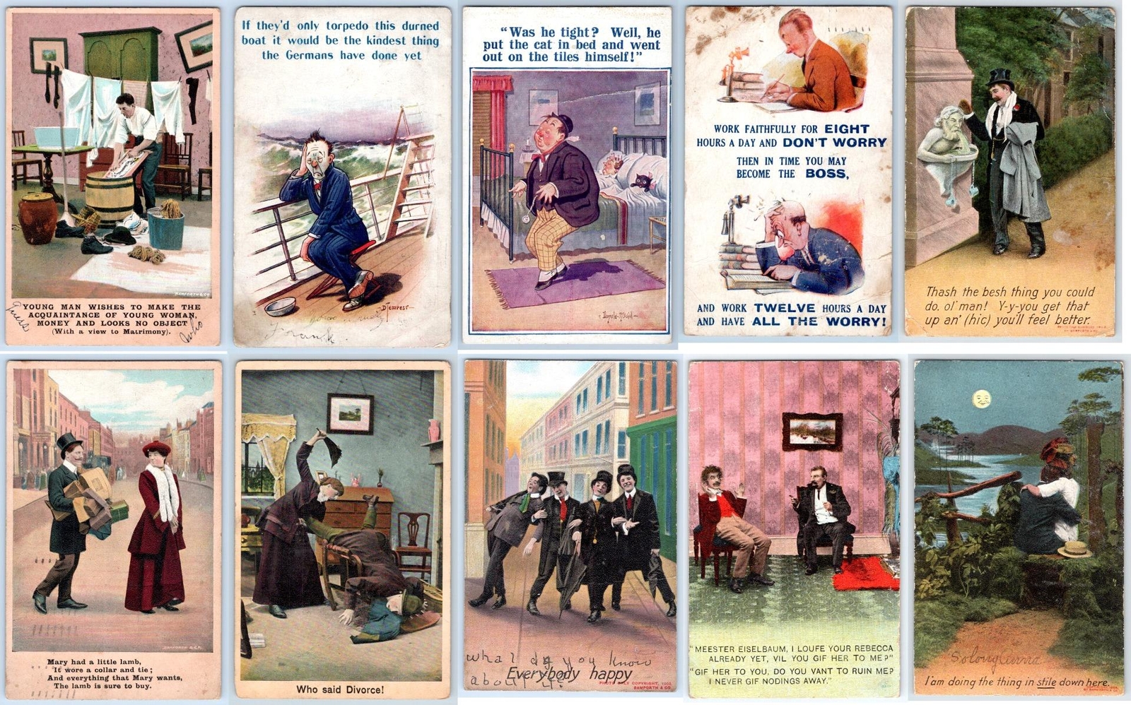 1910's LOT/10 BAMFORTH HUMOROUS COUPLES DRINKING POSTCARDS*CONDITION ...