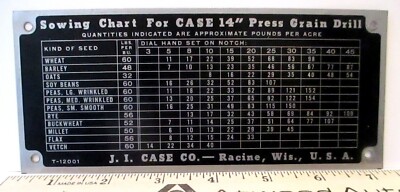 J I Case 14 Plow Press Drill Implement Tin Sowing Chart ID Plate Tag ...
