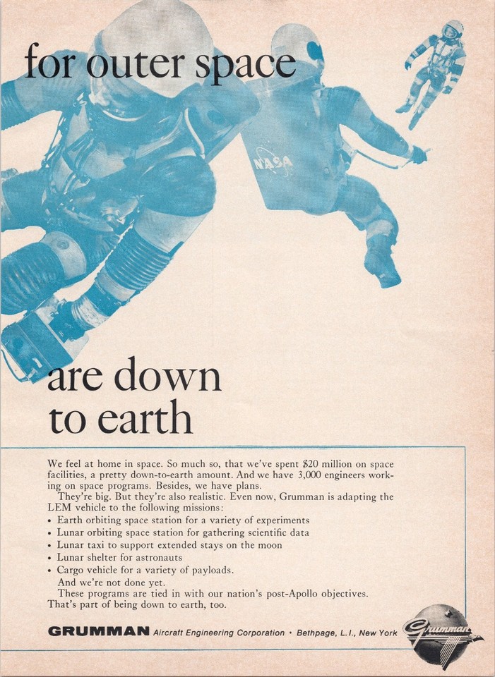 Grumman 1966 Vintage Space Program 2 Page Print Ad NASA Lunar LEM ...