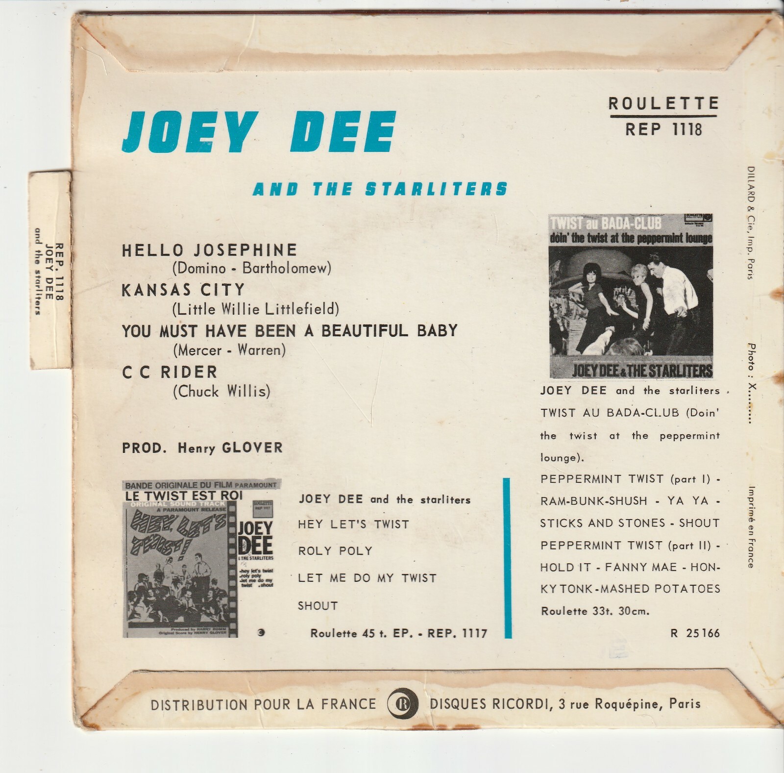 Joey DEE - Hello Josephine + 3 - EP 45T (7") vinyle ( REP 1118- 1962 ...