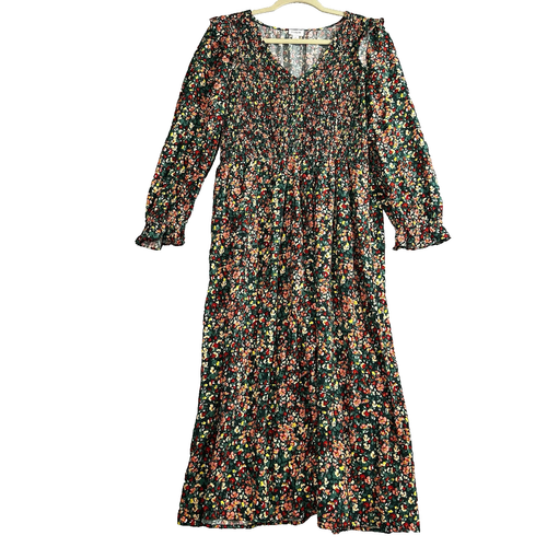 J Crew Maxi Dress Floral Tiered 3/4 Sleeve Smoked Chest Preppy pockets ...