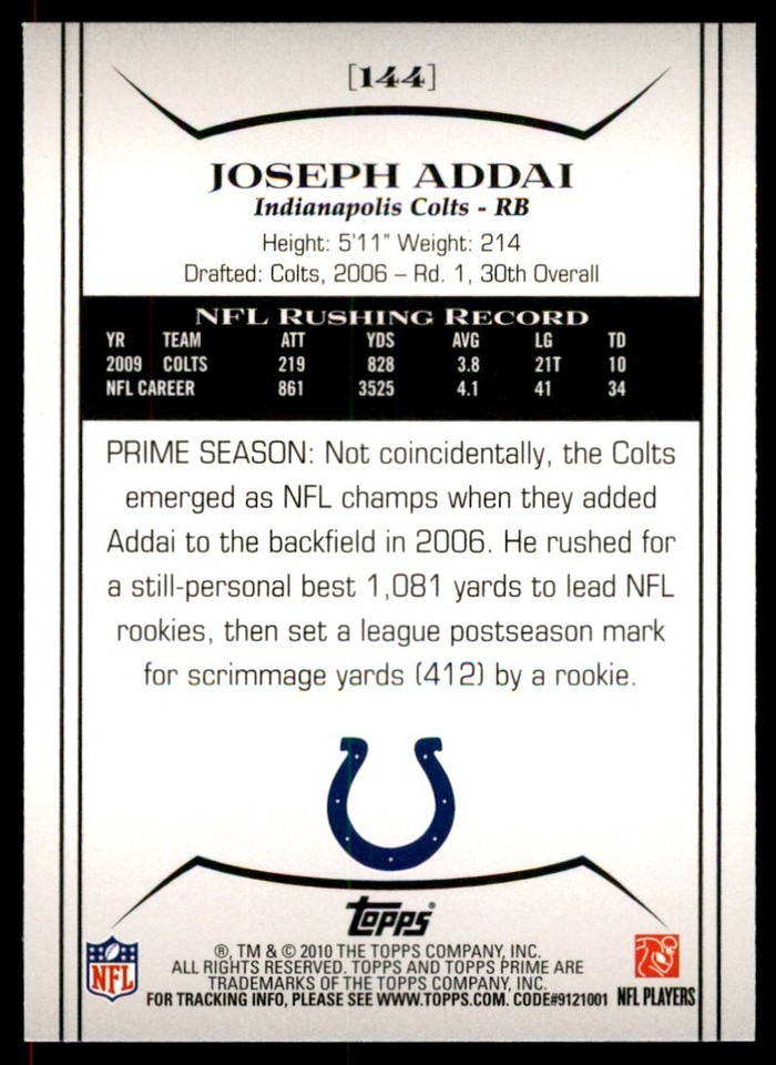2010 Topps Prime Joseph Addai Football Cards #144 | eBay