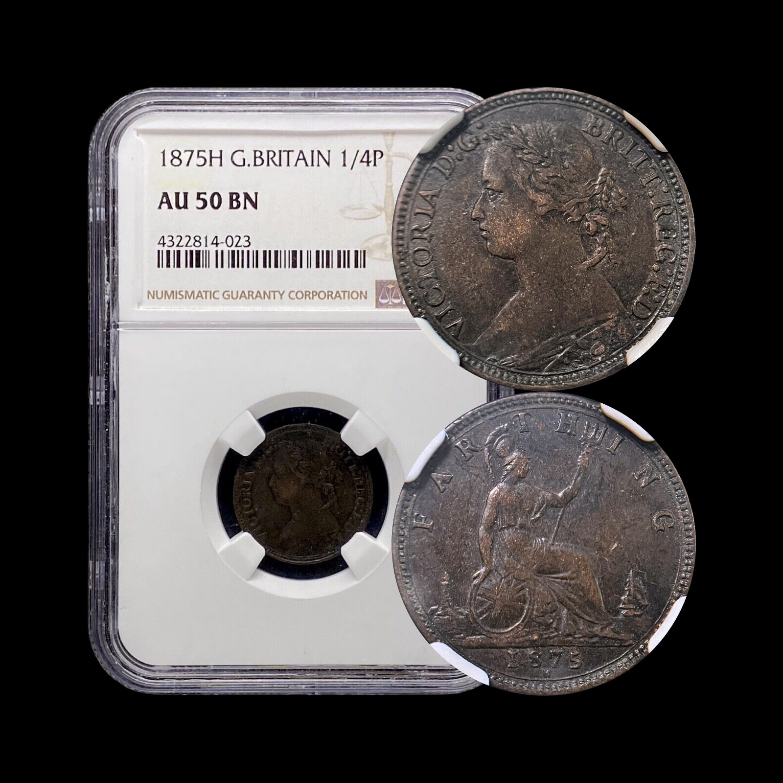 GREAT BRITAIN. 1875, Farthing, H - NGC AU50 - Victoria, Birmingham, 7 ...