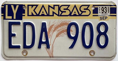 Kansas 1993 Gold Wheat Stalk License Plate EDA 908 Lyon County Very ...