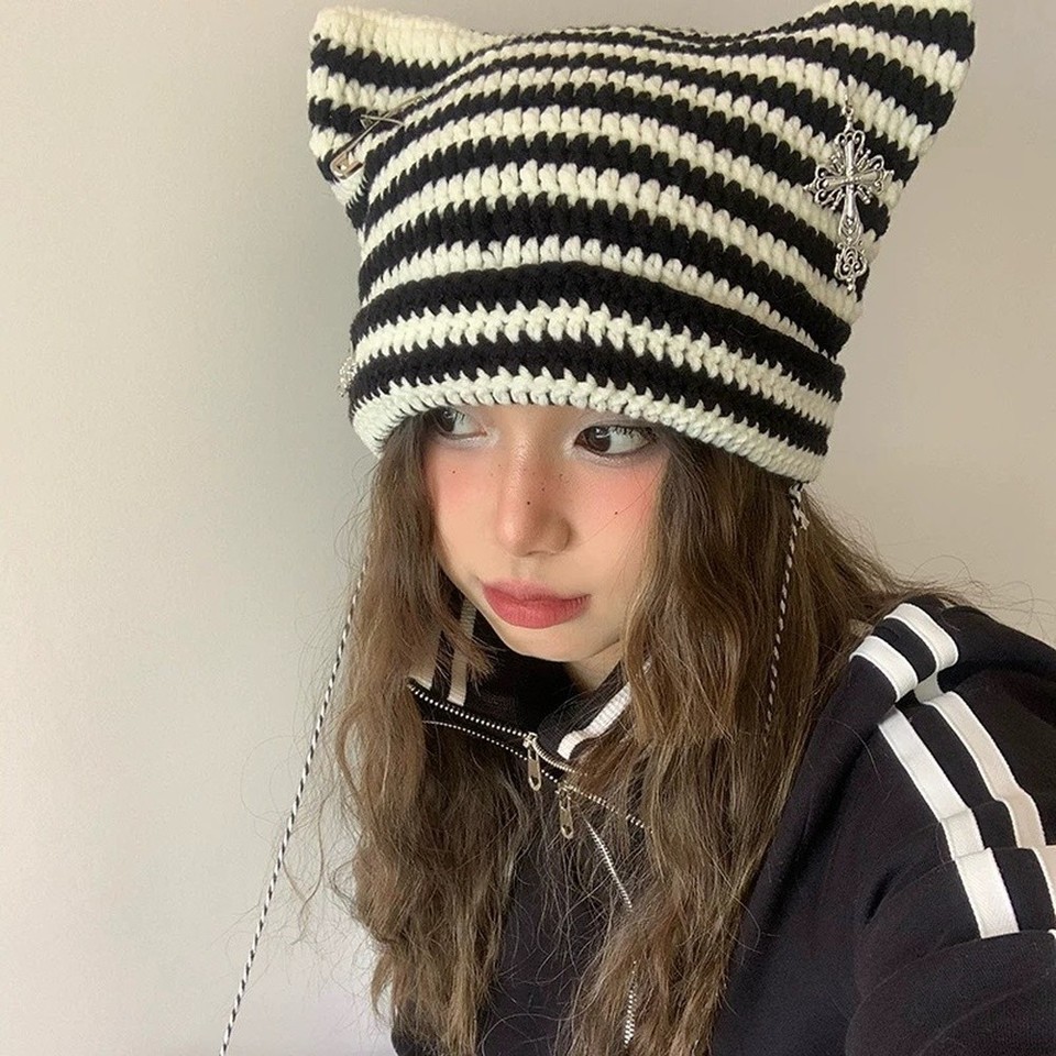 Knitted Cat Ear Beanie Warm Winter Hat for Women with Punk Cross Design ...