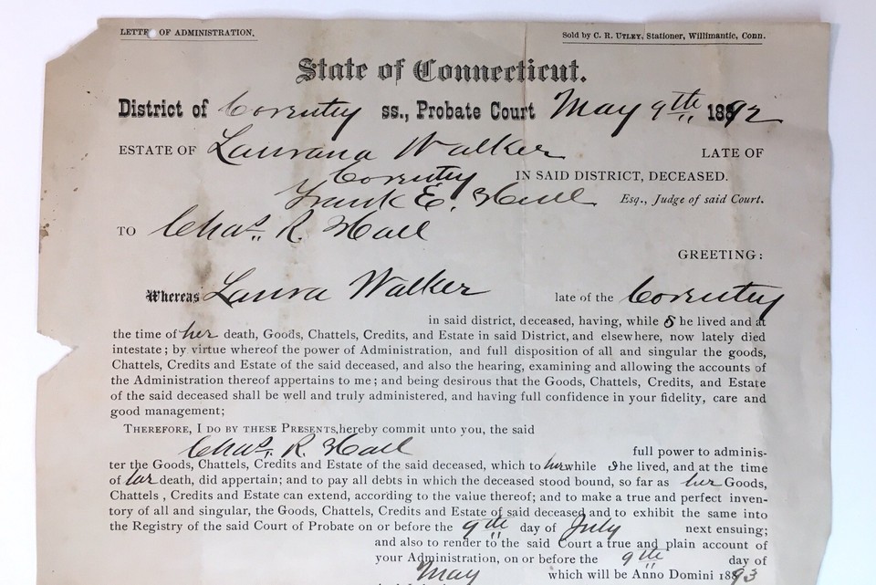 1892 Connecticut Probate Court Document Death Estate Related | eBay