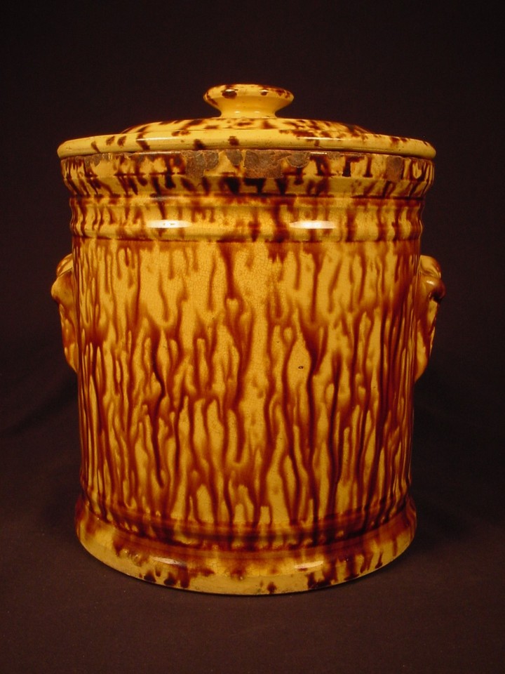 VERY RARE 1800s STORAGE JAR with LID FLINT ROCKINGHAM SPATTER GLAZE ...