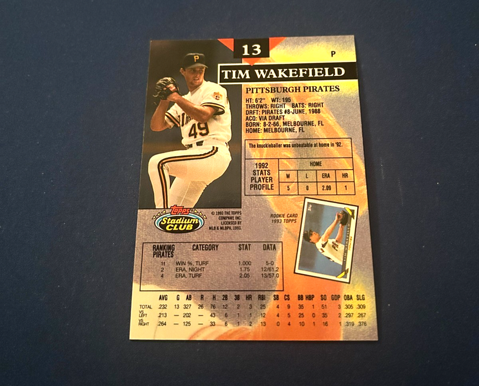 1993 Stadium Club Baseball Tim Wakefield Rookie Card #13 Set Break NM ...