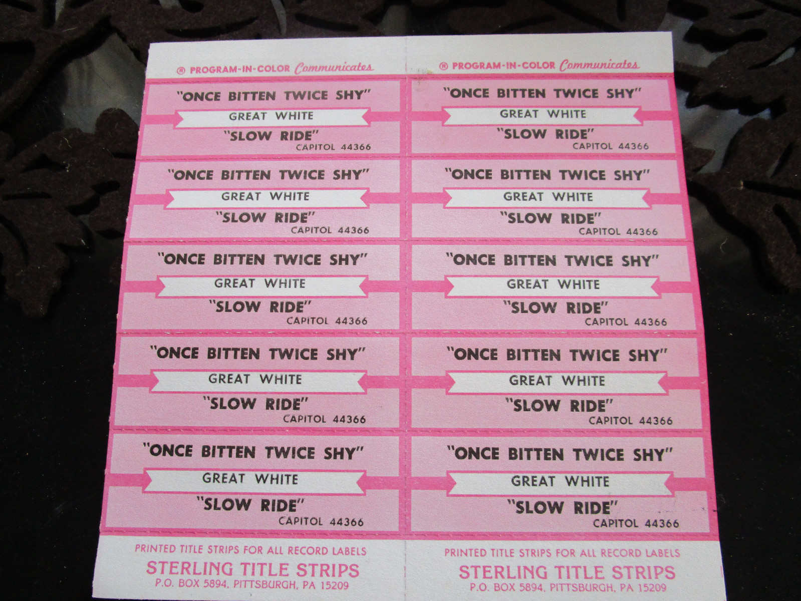 Jukebox Star Title Strip Full Sheet GREAT WHITE Once Bitten Twice Shy ...