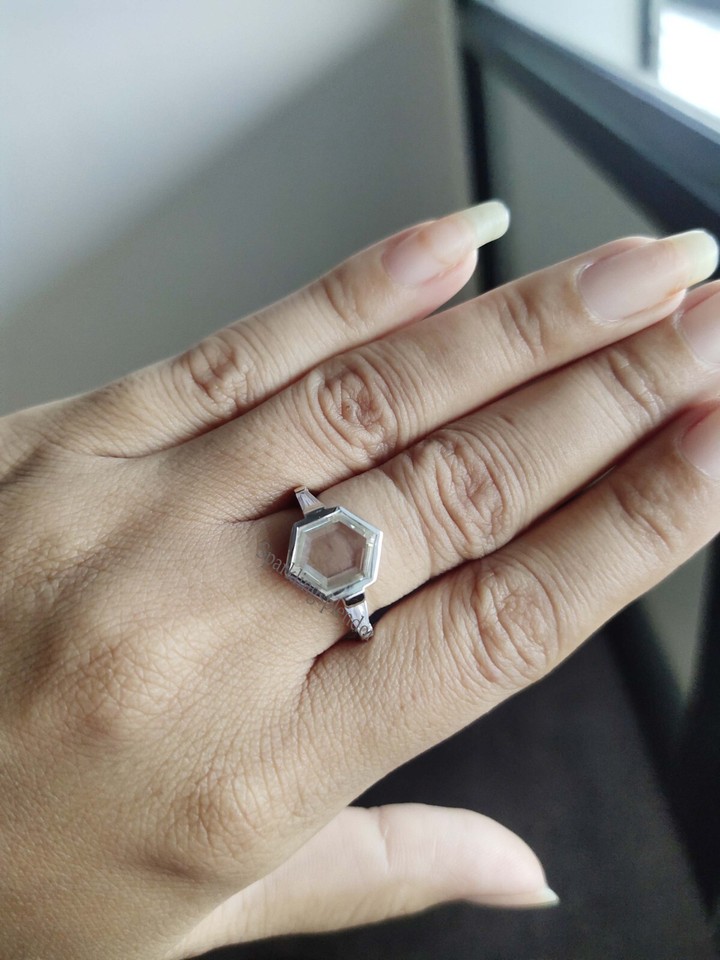 Hexagon Shape Portrait Cut Moissanite Engagement Ring Bezel Set 3 Stone ...
