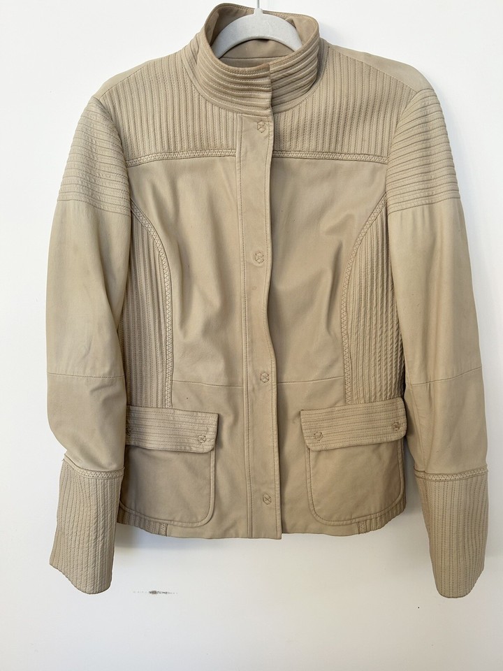 St. John Ribbed Leather Moto Racer Jacket 6 Button Front Lamb Beige J ...