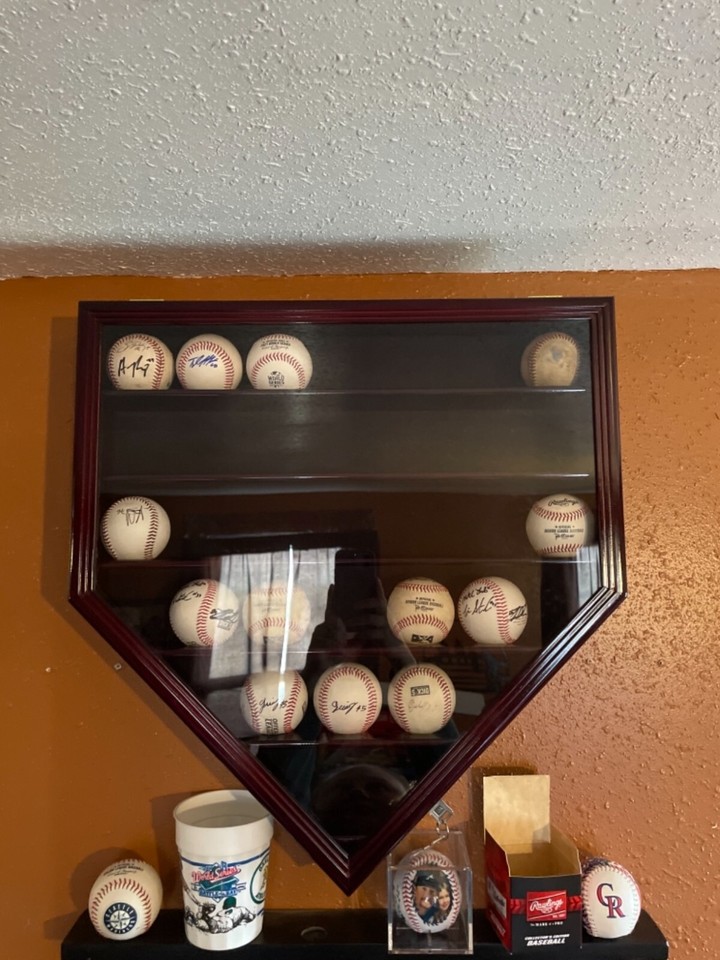 Baseball Display Case 30 Walnut Wood MLB Autograph Ball Rack Holder ...