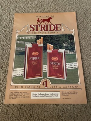 Vintage 1985 STRIDE CIGARETTES KINGS & 100's Print Ad 1980s "RICH TASTE ...