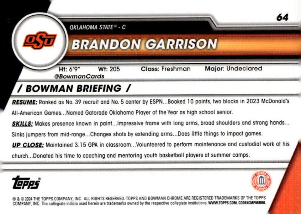 BRANDON GARRISON RC 2023-24 Bowman U Chrome X-Fractor #64 Pre-Rookie NB ...