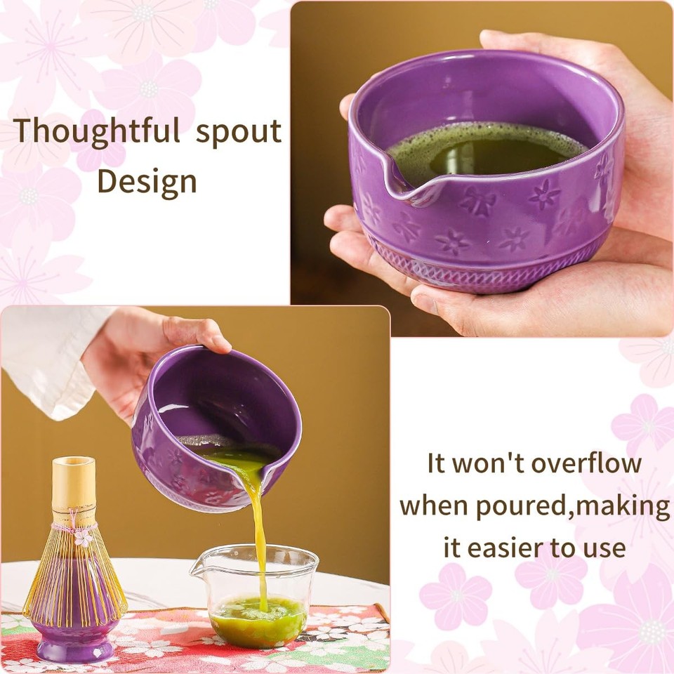 8-Piece Matcha Tea Set with Ceramic Bowls (Flower Pattern), Bamboo ...