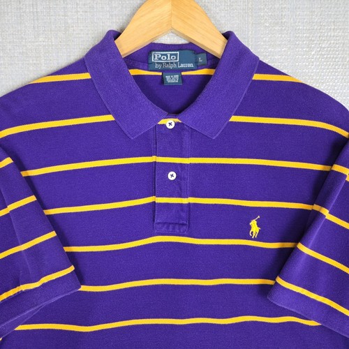 VTG POLO RALPH LAUREN Purple Yellow Stripe Polo Shirt Cotton Sz Large ...