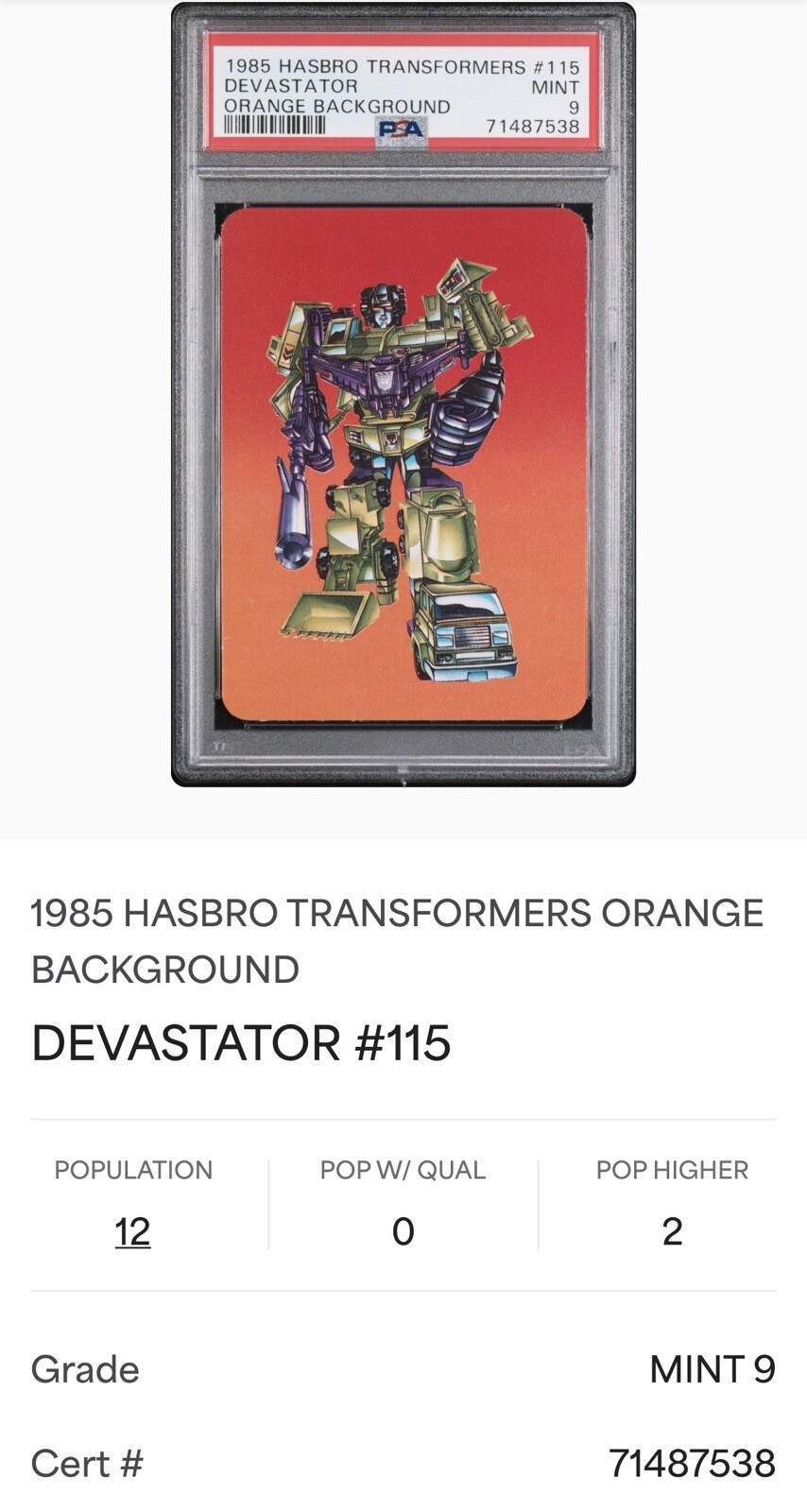 1985 Hasbro Transformers Constructicons Devastator Action Card 115 PSA ...