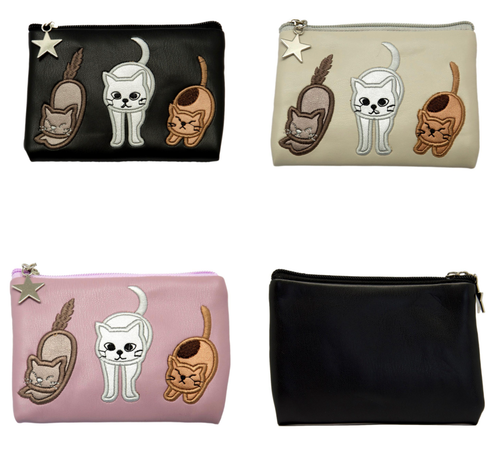 FAUX Leather Embroidered Applique Cats Ladies Coin Purse Black Cream ...