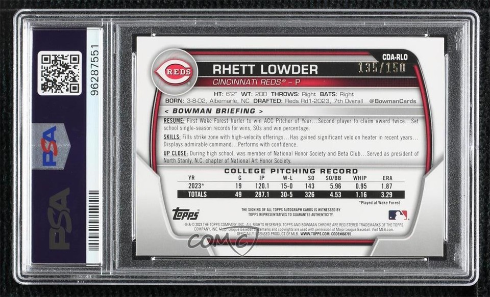 2023 Bowman Draft Chrome Prospect Blue Wave Refractor Rhett Lowder PSA ...