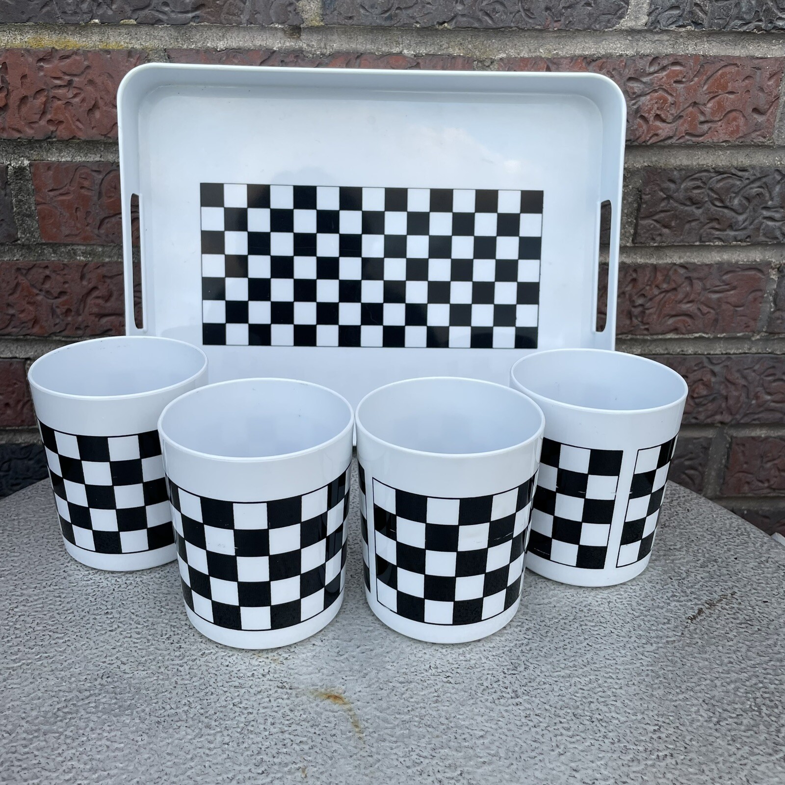 Vintage 80s Checkerboard Party Drink Set 4 Cups Serving Tray Bar Ware ...