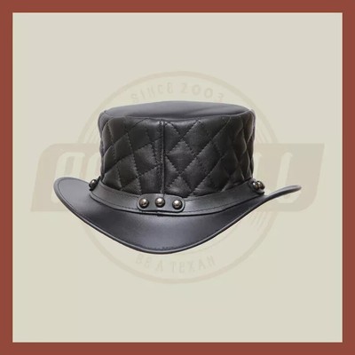 Men’s Leather Steampunk Plain Motorcycle Side Bead Band Biker Top Hat ...