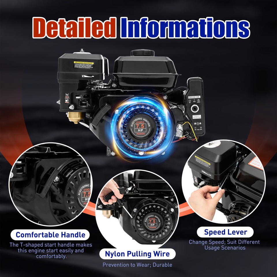 Gas Engine 212CC 4 Stroke Electric Start Horizontal Engine Gasoline ...