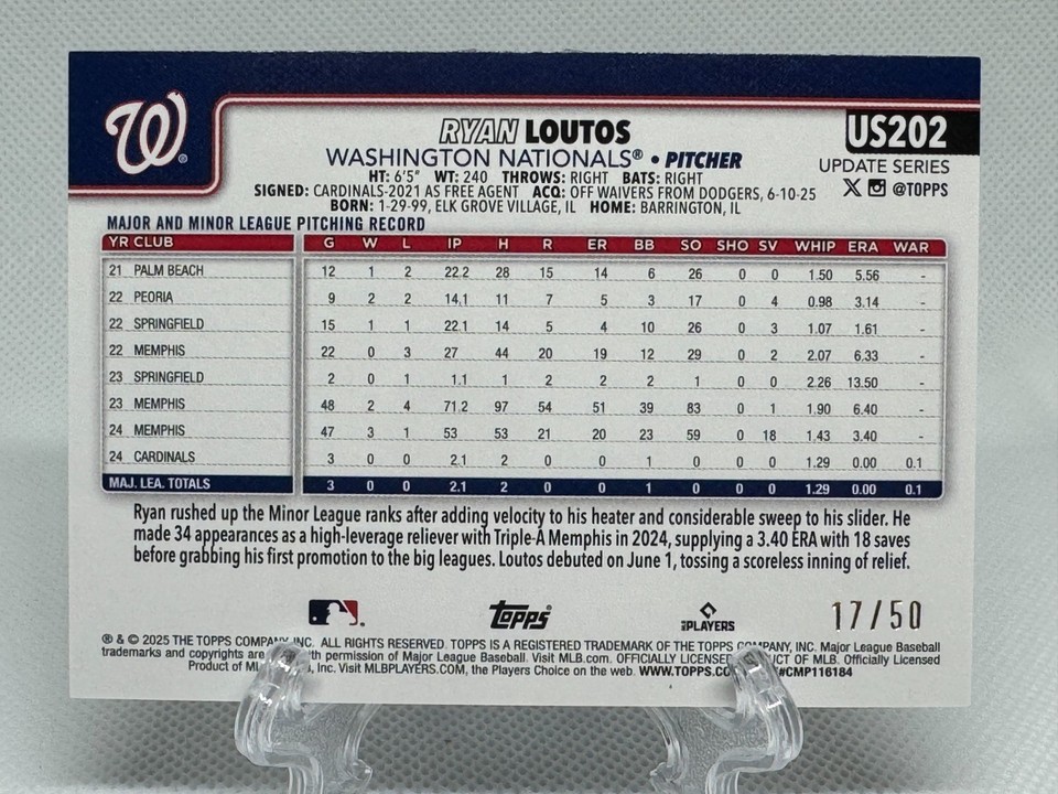 2025 Topps Update Ryan Loutos #US202 Gold Diamante Foil 17/50 Nationals ...