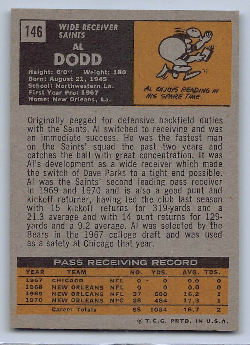 1971 AL DODD - Topps Football Card- # 146 - New Orleans Saints ...