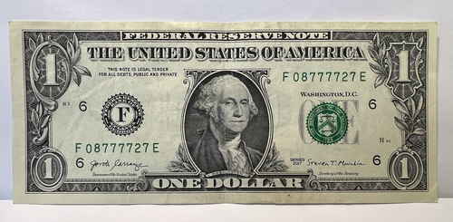 $1 Bill Fancy Serial Note One Dollar F 08777727 E | eBay