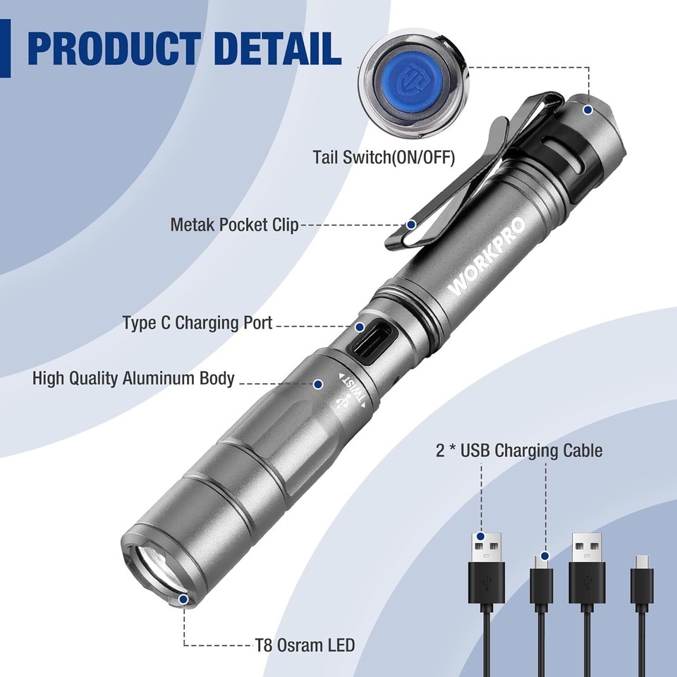 WORKPRO Rechargeable Pen Light, Mini Flashligh 2 Pack Pocket Flashlight ...