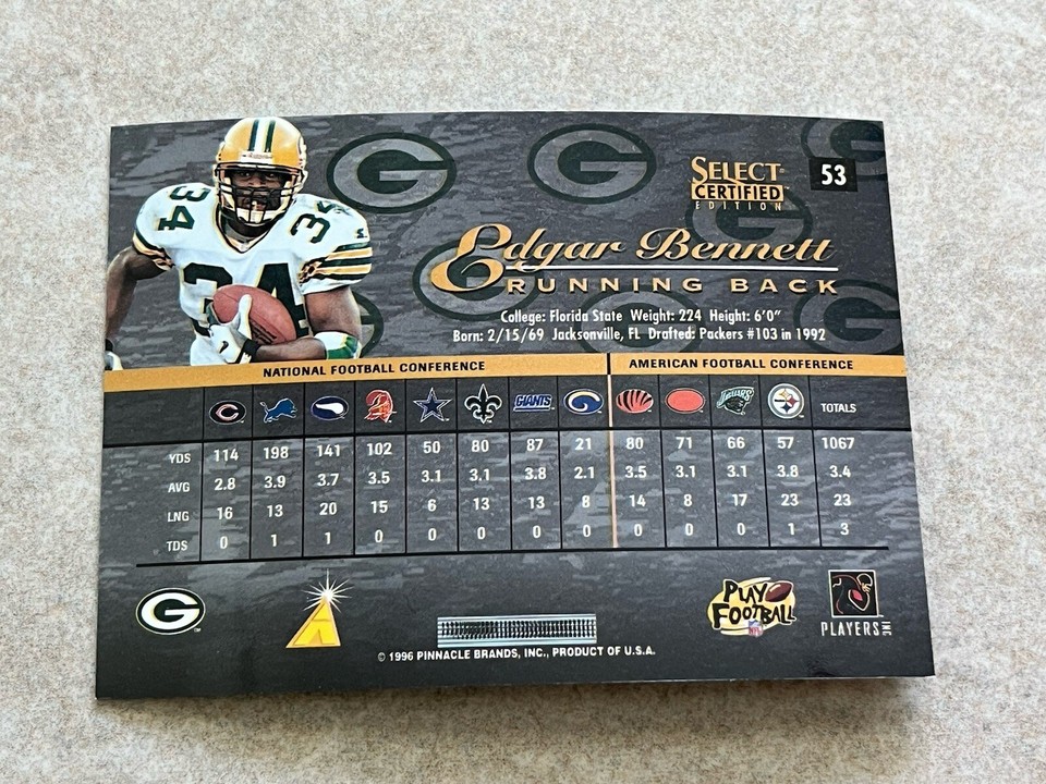 1996 Pinnacle Select Certified #53 Edgar Bennett NFL Green Bay Packers ...