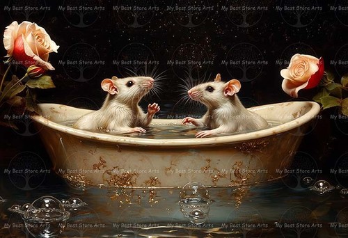 RATS IN BATHTUB ART PRINT, Mouse Bathroom Barn Decor, Rodent Mice ...