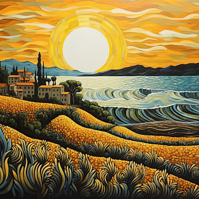 Tuscany sun gilded landscape ocean view#5 - 24in(H)*24in(L) Wall Art ...