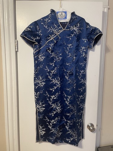 Royal Blue and Silver Asian Cheongsam Qipao Brocade Dress Floral ...