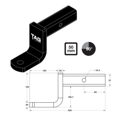 TAG Tow Ball Mount - 198mm Long, 90° Face, 50mm Square Hitch L4182-PC ...