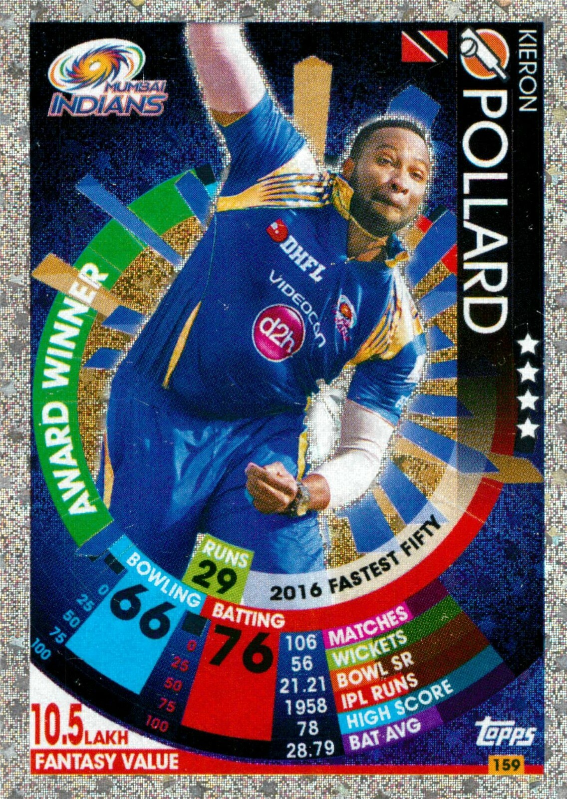 2017 2018 MUMBAI INDIANS IPL Cricket Card KIERON POLLARD Topps Attax ...