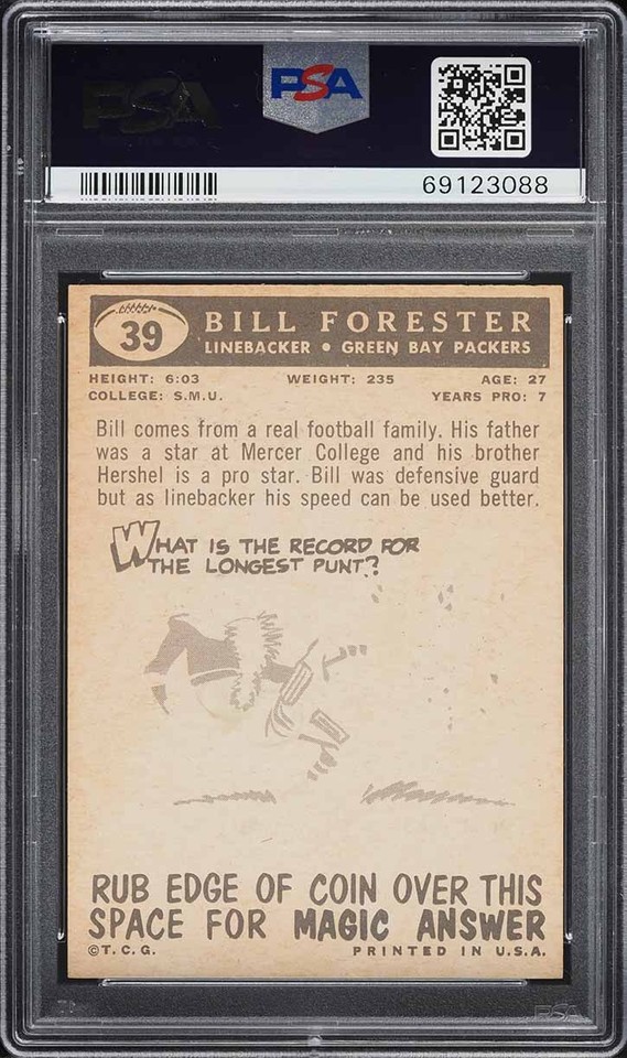 1959 Topps FB Card # 39 Bill Forester Green Bay Packers HOF PSA 6 EXMT ...