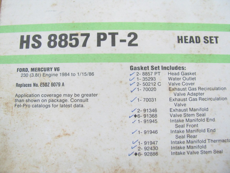 Fel-Pro HS8857PT2 Engine Cylinder Head Gasket Set - 1984-1986 Ford 232 ...