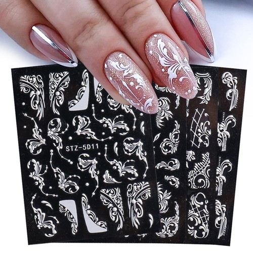 Sliders Lace Embossed Flower Nail Stickers Wedding Design 5D Acrylic ...