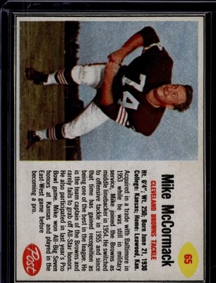 1962 Post Football #65 Mike McCormack, Vg/Ex, Cleveland Browns | eBay