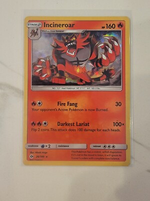 Pokémon TCG Card - Incineroar Sun & Moon 26/149 Rare Cracked Ice Holo ...