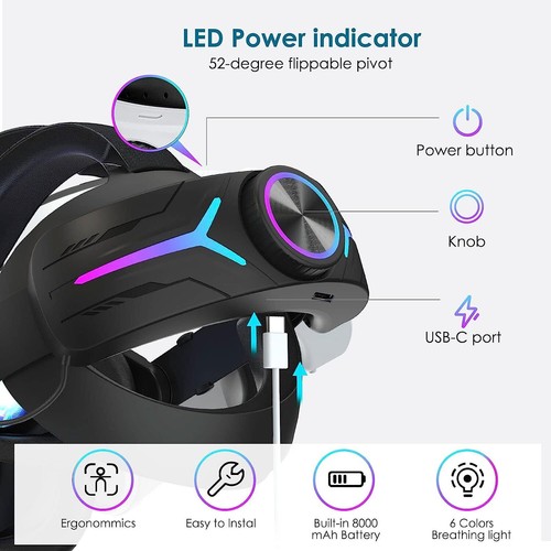 For Meta Oculus Quest 2 VR with 8000mAh Battery Elite Head Strap Band ...