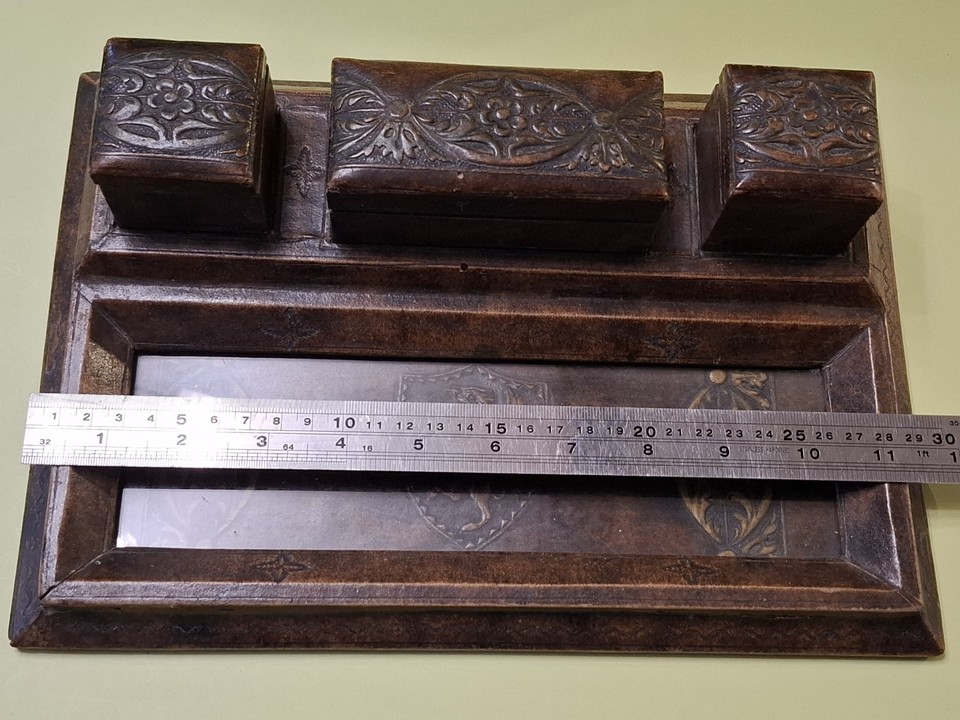 Vintage Leather Embossed Griffin Motif Shield Inkwell / Desk Tidy ...