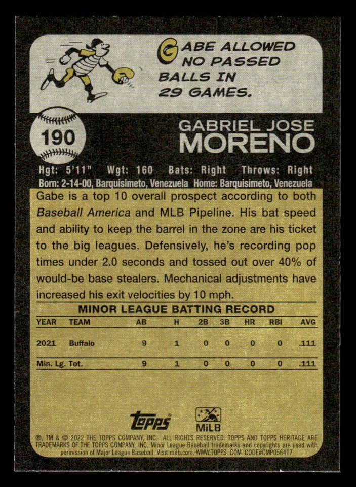 Gabriel Moreno 2022 Topps Heritage Minor League #190 Buffalo Bisons | eBay