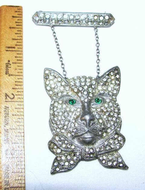 RAREST! HUGE ANTIQUE VICTORIAN EDWARDIAN CLEAR & EMERALD PASTE CAT FACE ...