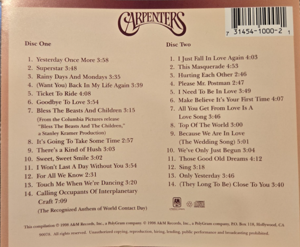Carpenters : Yesterday Once More 2 Disc Set Greatest Hits 1969-1983 ...