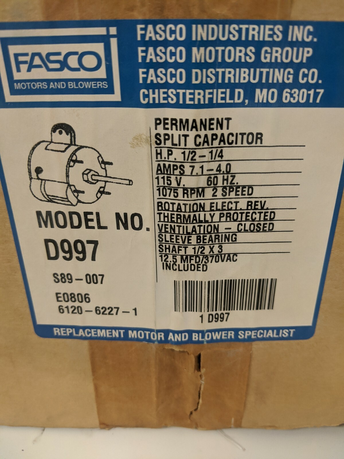 Fasco Model D-997 Permanent Split Capacitator; ½-1/4HP, 7.1-4 amp,11.5v ...