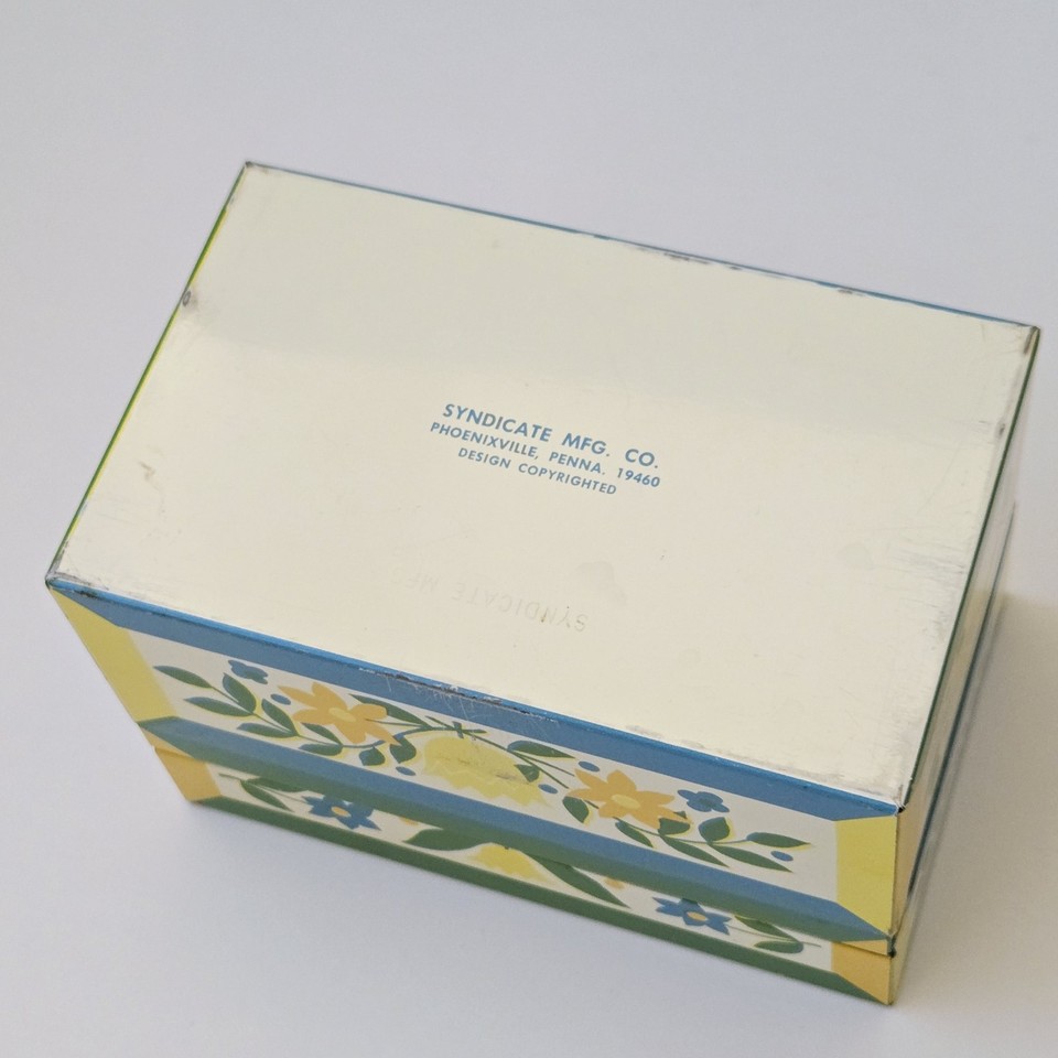 Vintage Mid-Century SYNDICATE MFG Floral Blue & Yellow Metal Recipe Box ...